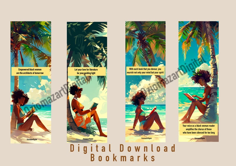 Set of 4 Black Woman Beach Themed Bookmarks, Book Lovers Club Bookmark ...