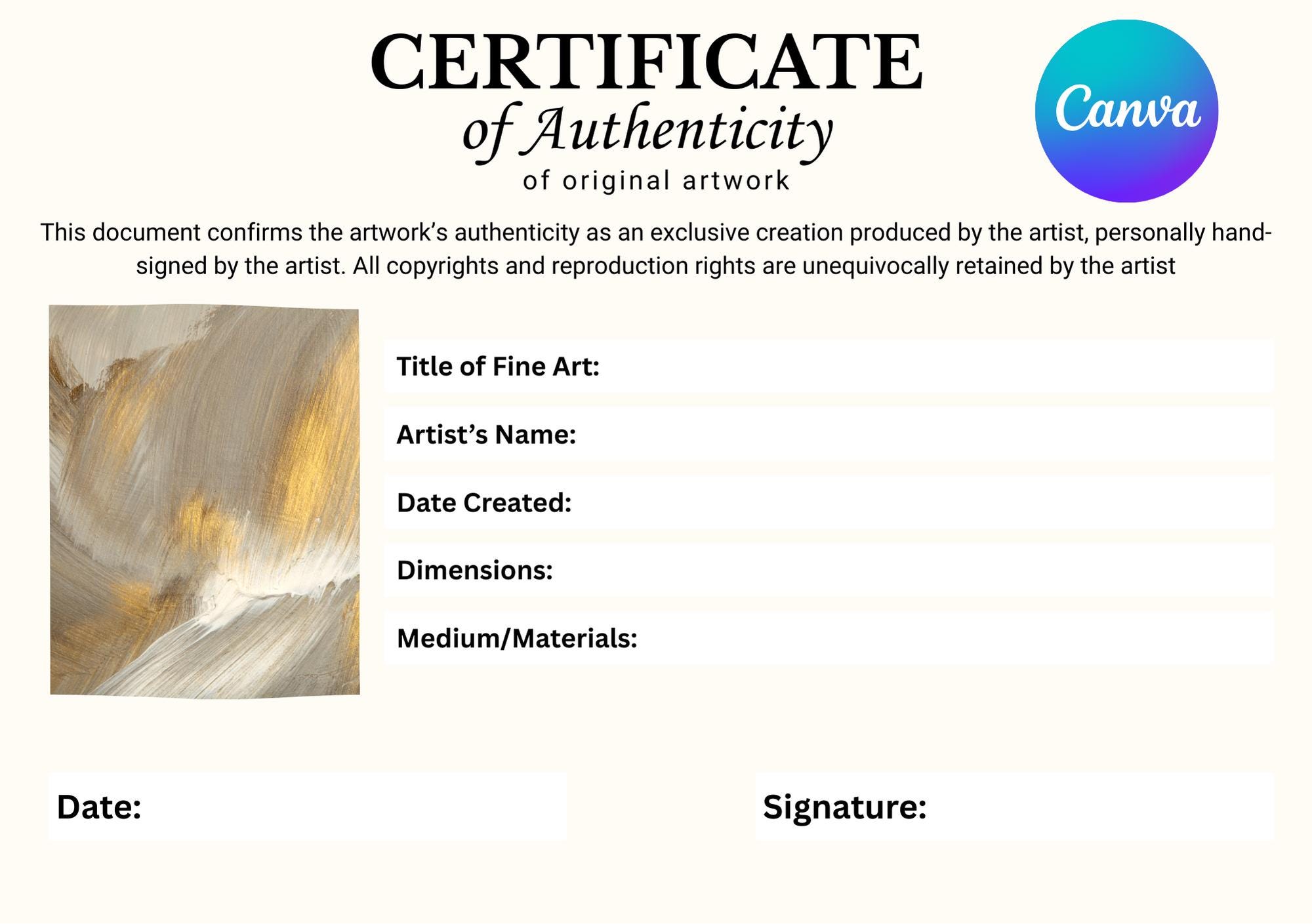Fully Editable Artist Certificate of Authenticity, Canva Template ...