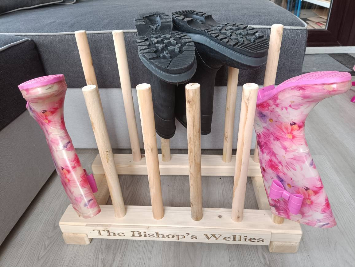 OAK WAXED Personalised Welly Wellington Boot Wooden Stand Storage ...
