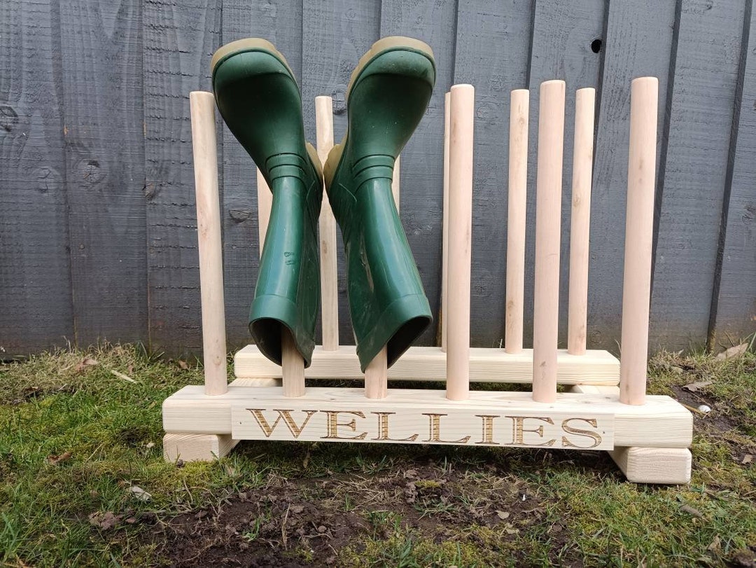 OAK WAXED Personalised Welly Wellington Boot Wooden Stand Storage ...