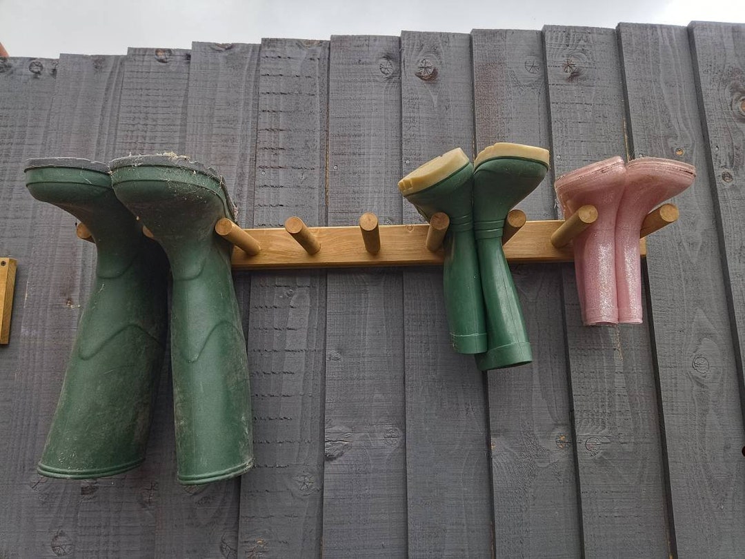 Oak Waxed Welly Rack, Wellington Wellies Wooden Rack Boot Holder Wall ...