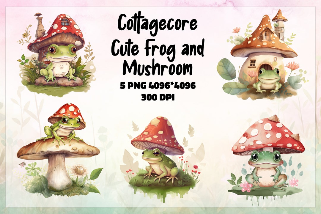 Watercolor Cottagecore Frog and Mushroom Png Bundle, Whimsical Cute ...