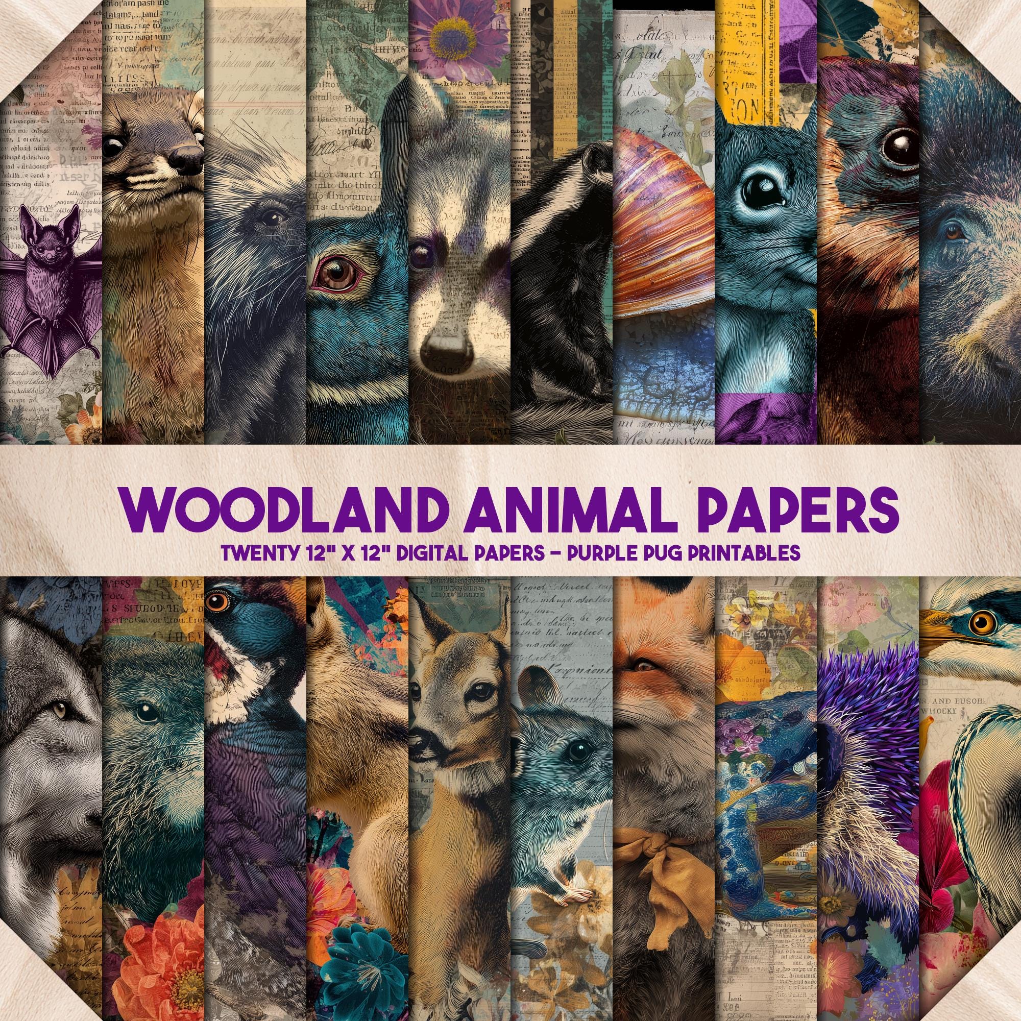 Woodland Animal Papers - Digital Paper Pack, Vintage Forest Animal ...