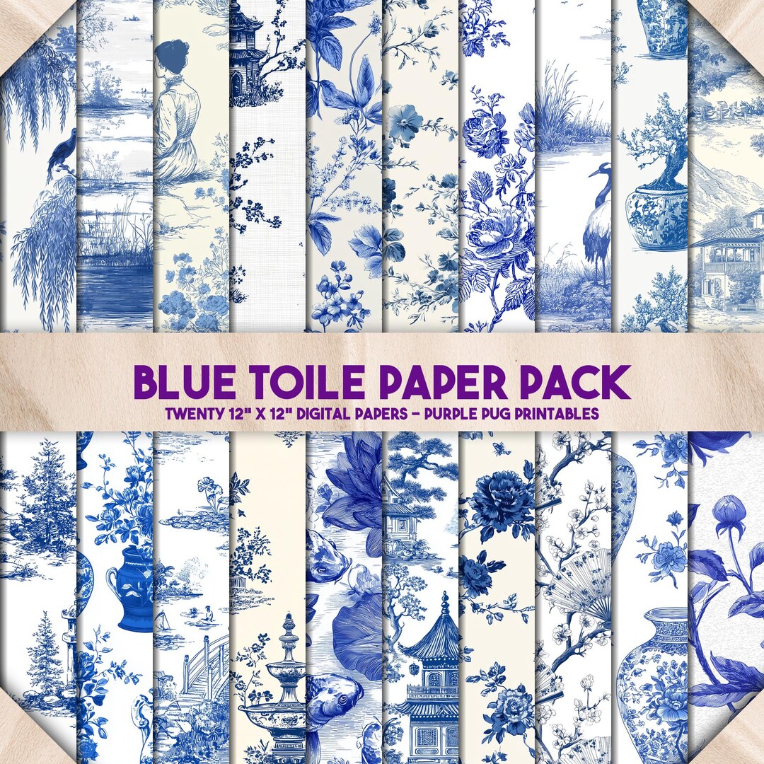 Blue Toile Paper Pack - Seamless Blue and White Toile Digital Paper ...