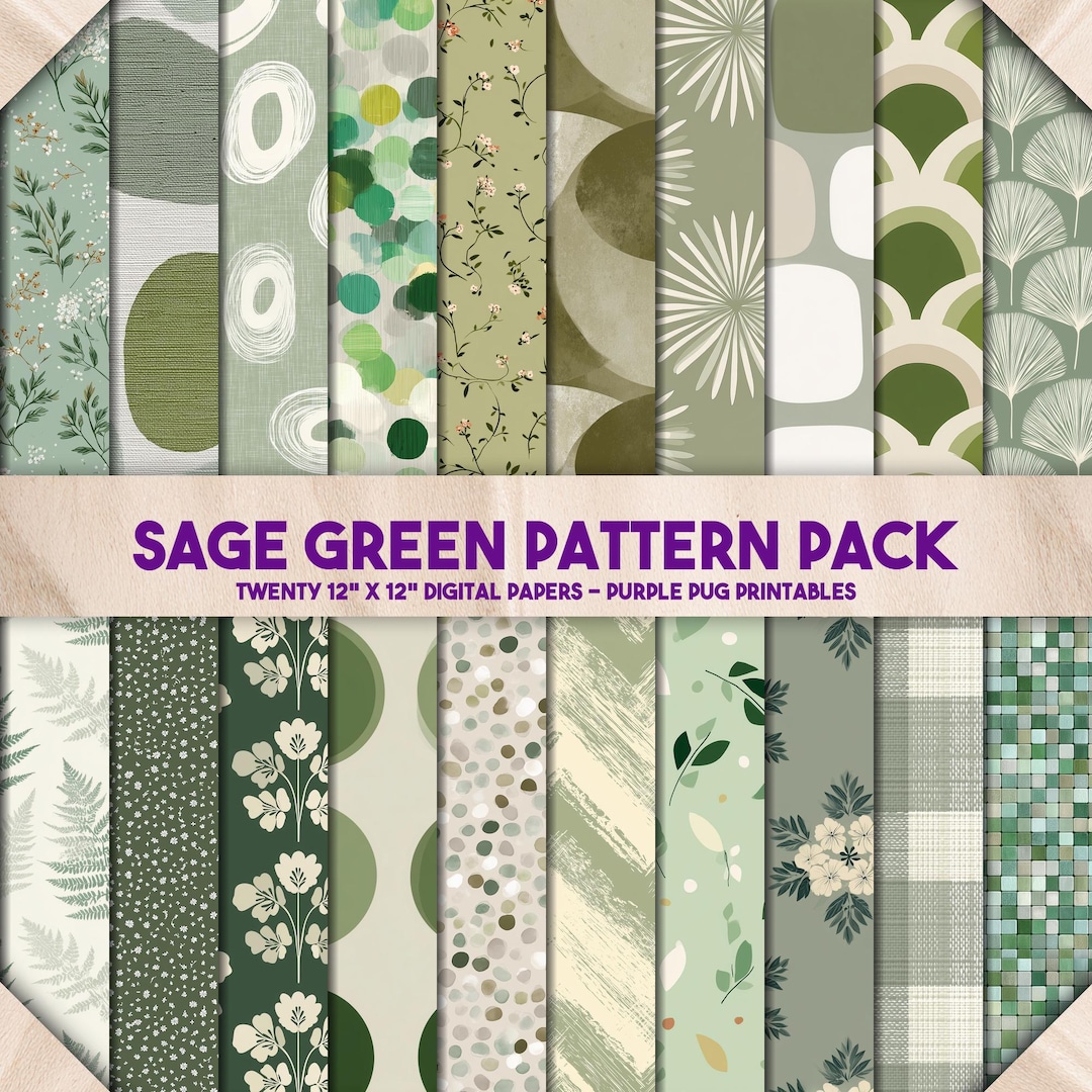 Sage Green Pattern Pack - Seamless Sage Green Digital Paper Pack ...