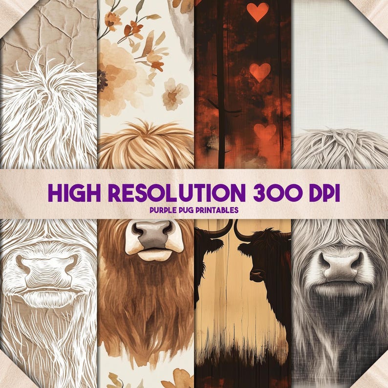 Cozy Cattle - Highland Cow Digital Paper Pack, Rustic Farmhouse ...