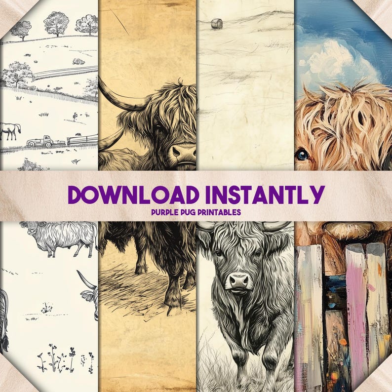 Cozy Cattle - Highland Cow Digital Paper Pack, Rustic Farmhouse ...