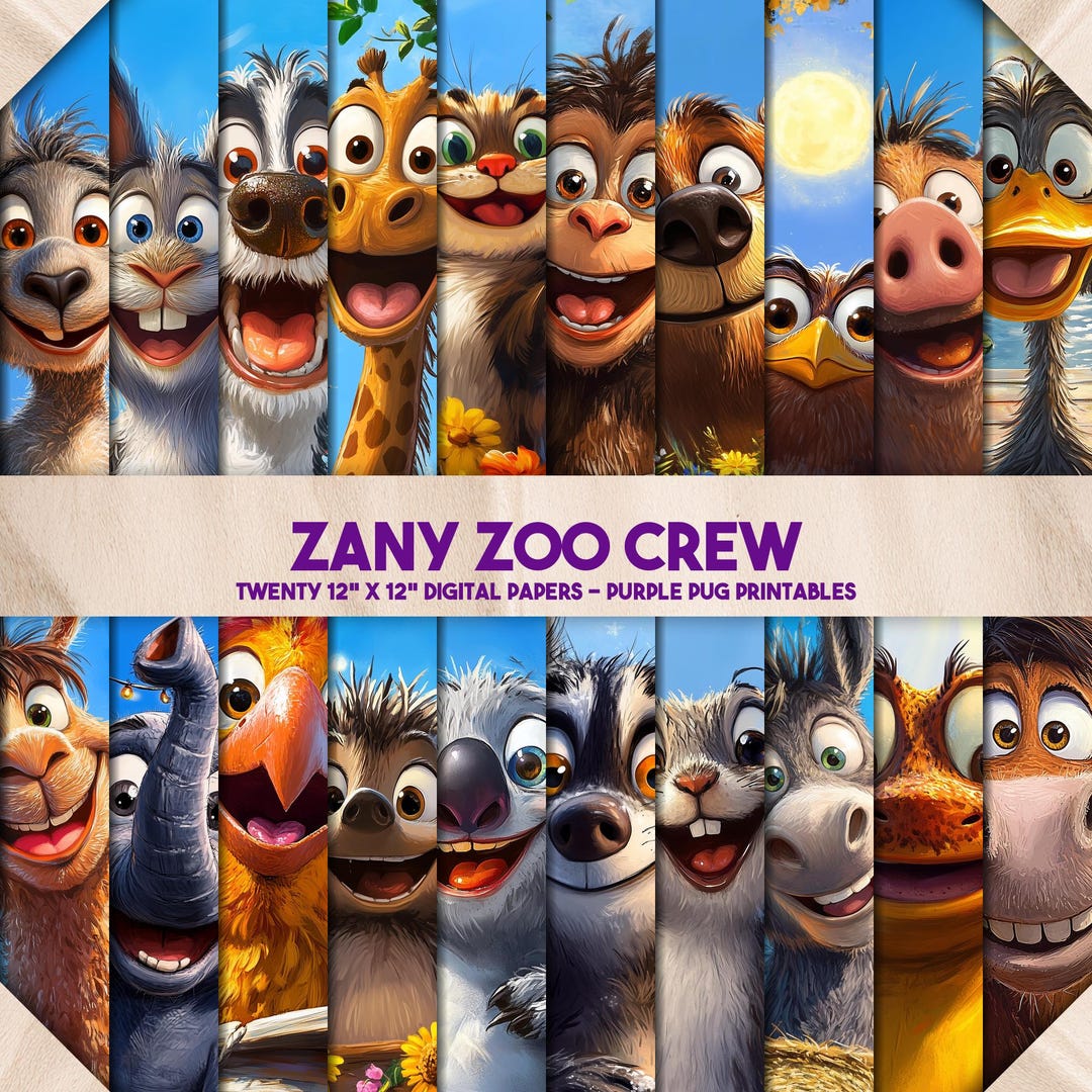 Zany Zoo Crew - Cute Animal Digital Paper, Cartoon Forest Friends ...