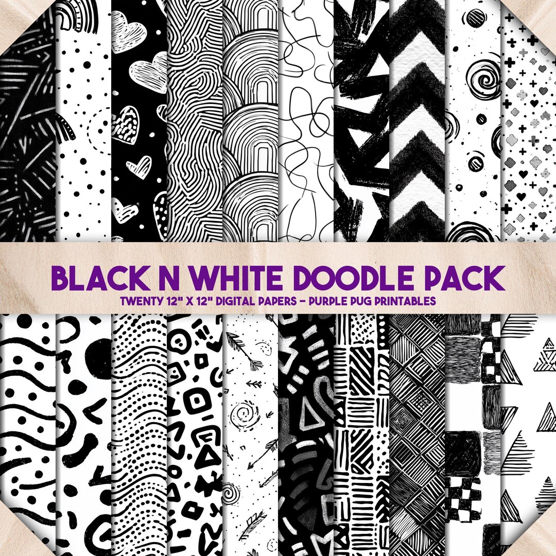 Black N White Doodle Pack - Seamless Digital Paper Pack, Black and ...