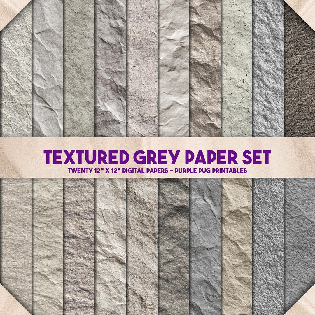 Textured Grey Paper Set - Seamless Grey Digital Paper, Crumpled ...