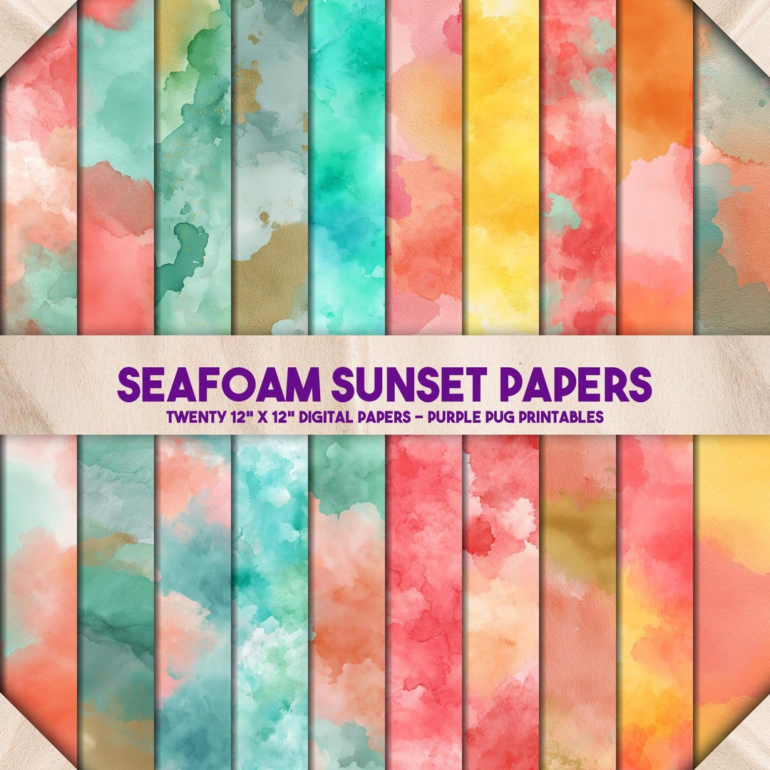 Seafoam Sunset Papers - Seamless Digital Watercolour Paper, Ocean Beach ...