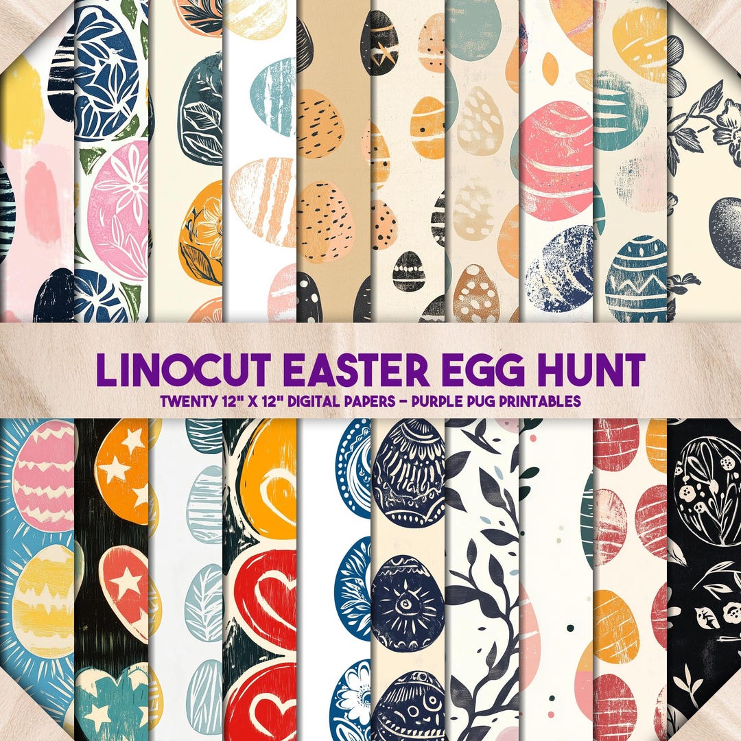Linocut Easter Egg Hunt - Linocut Easter Digital Paper, Carved Egg ...