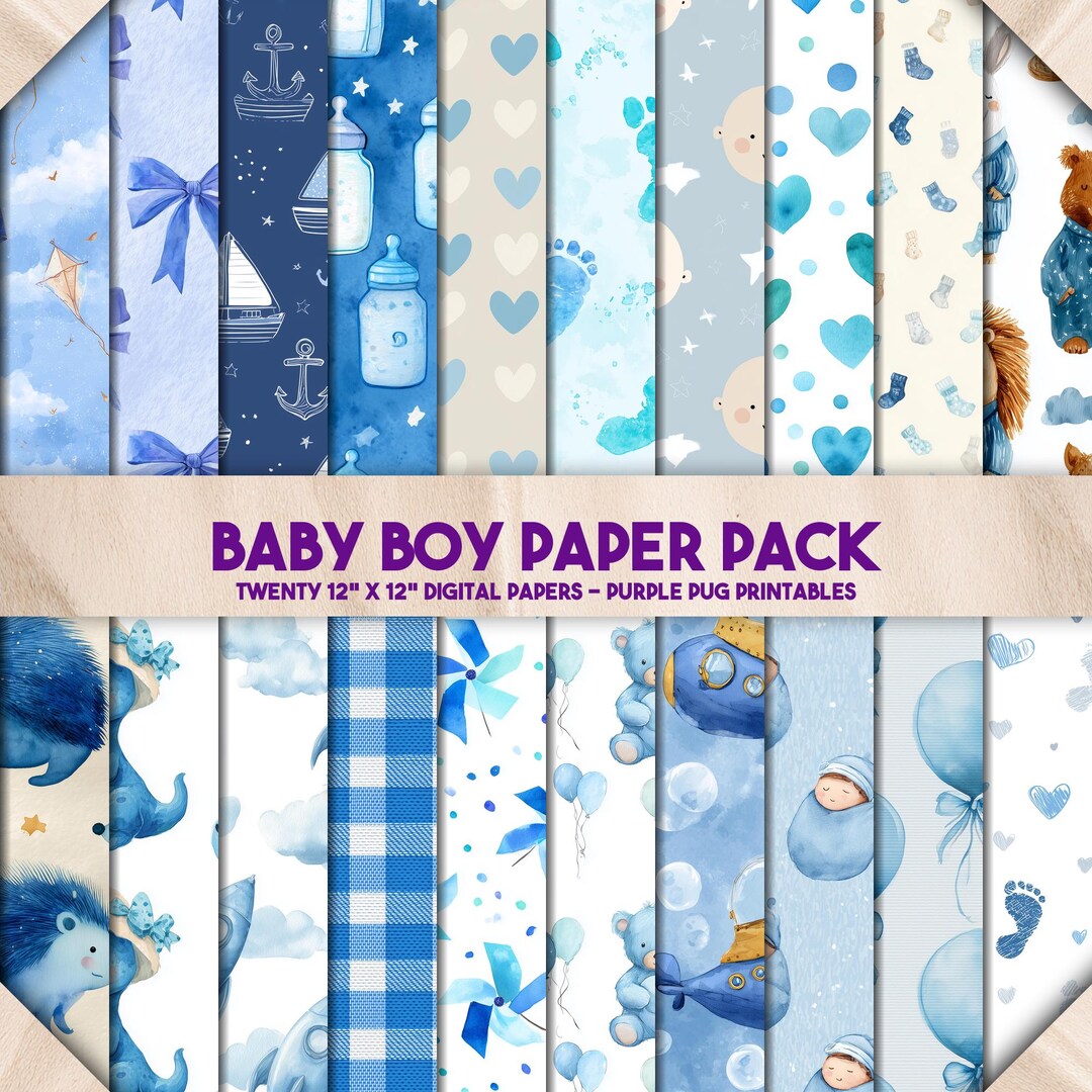 Baby Boy Paper Pack – Seamless Baby Boy Digital Paper Bundle, Soft Blue ...