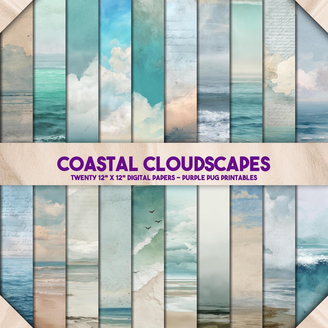 Coastal Cloudscapes - Ocean Sky Watercolor Backgrounds, Beach Scene ...