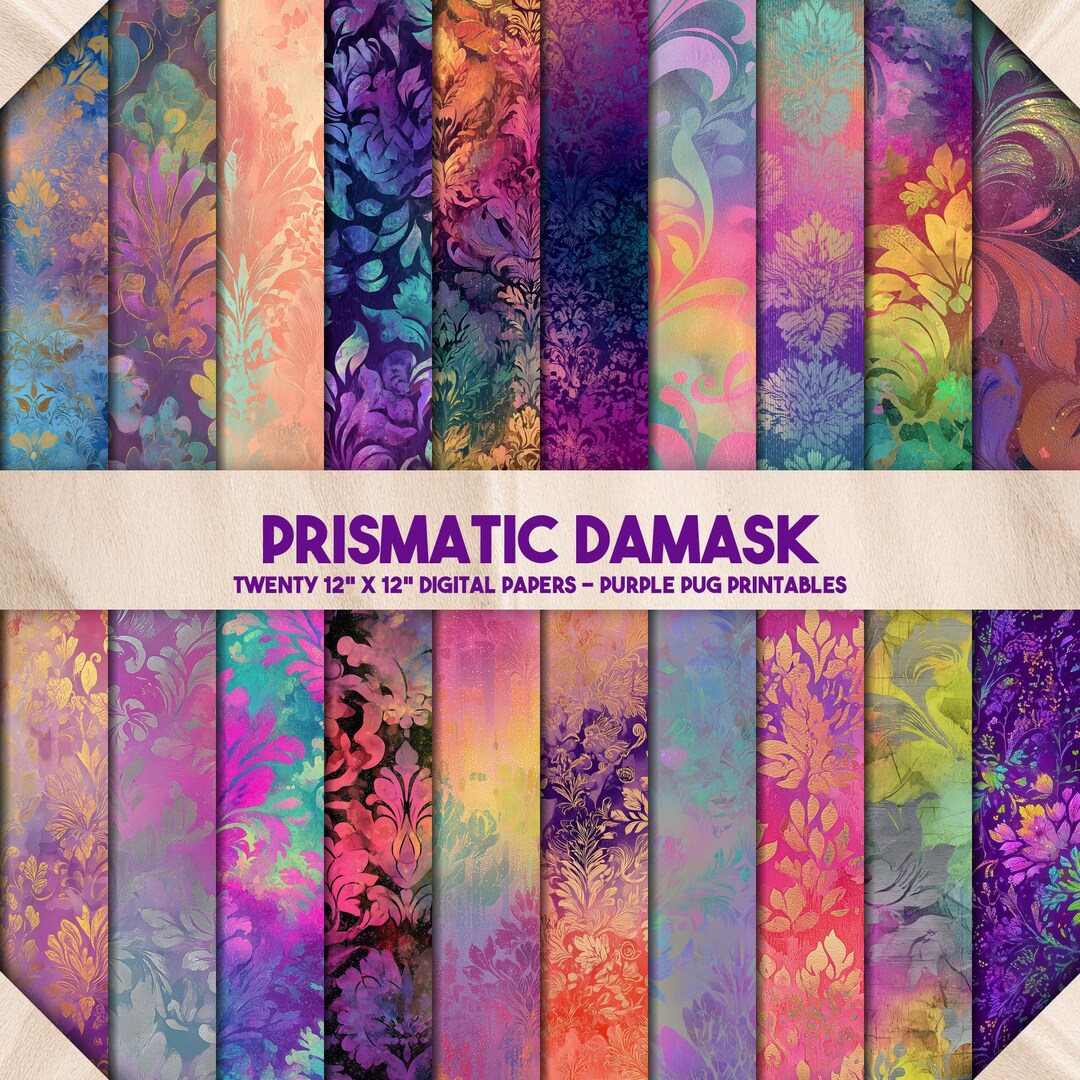 Prismatic Damask - Rainbow Foil Damask Digital Paper, Seamless ...