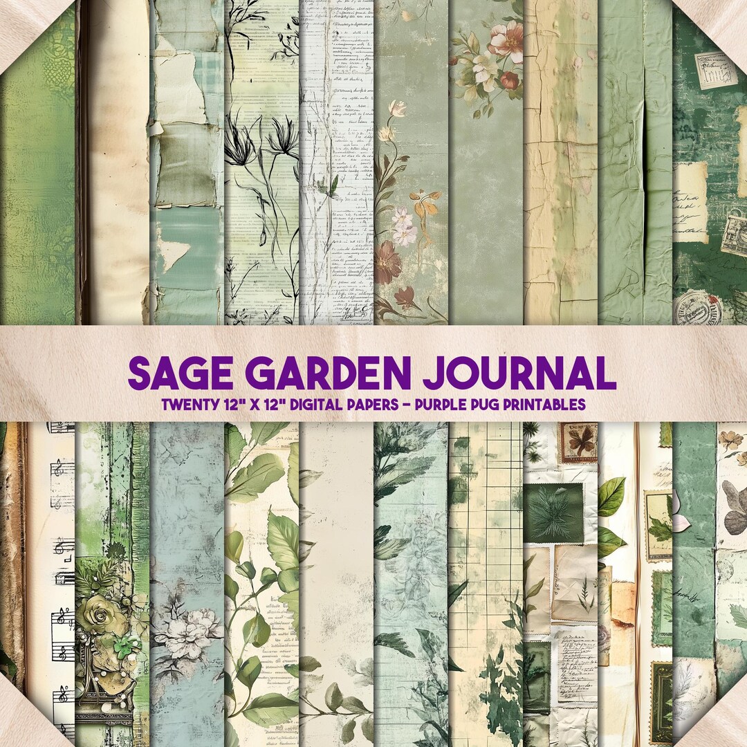 Sage Garden Journal - Vintage Sage Green Junk Journal Paper, Botanical ...