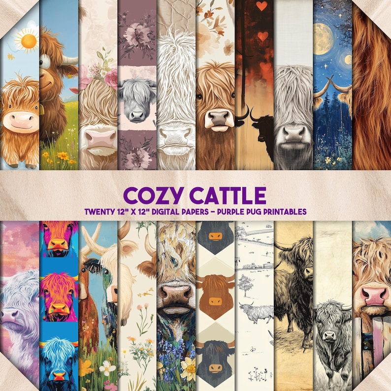 Cozy Cattle - Highland Cow Digital Paper Pack, Rustic Farmhouse ...