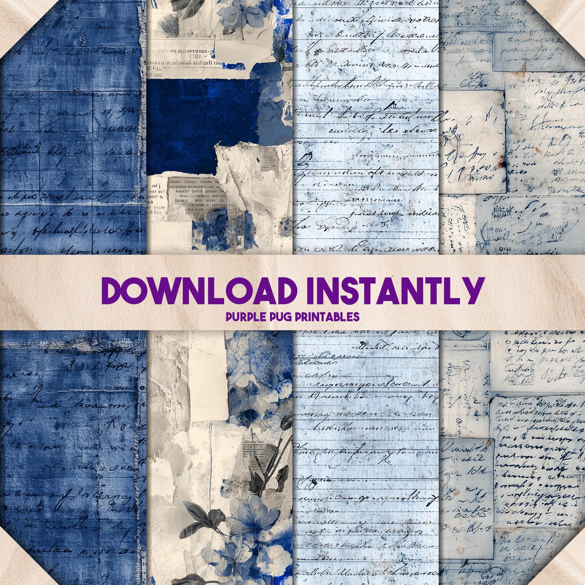 Blue Ephemera Pack - Seamless Vintage French Digital Paper, Dusty Blue ...
