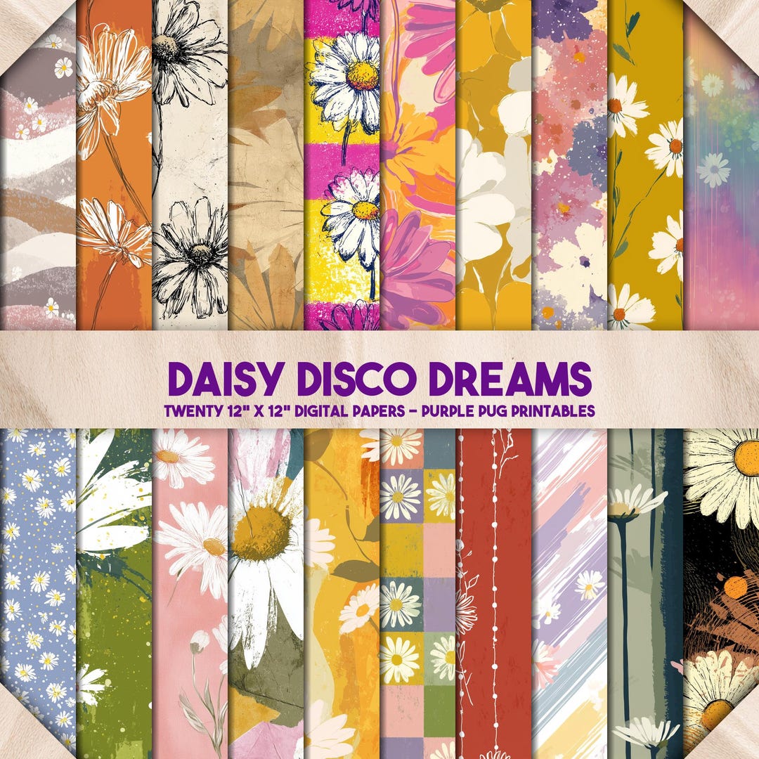 Daisy Disco Dreams - Seamless Retro Daisy Digital Papers, Groovy Floral ...