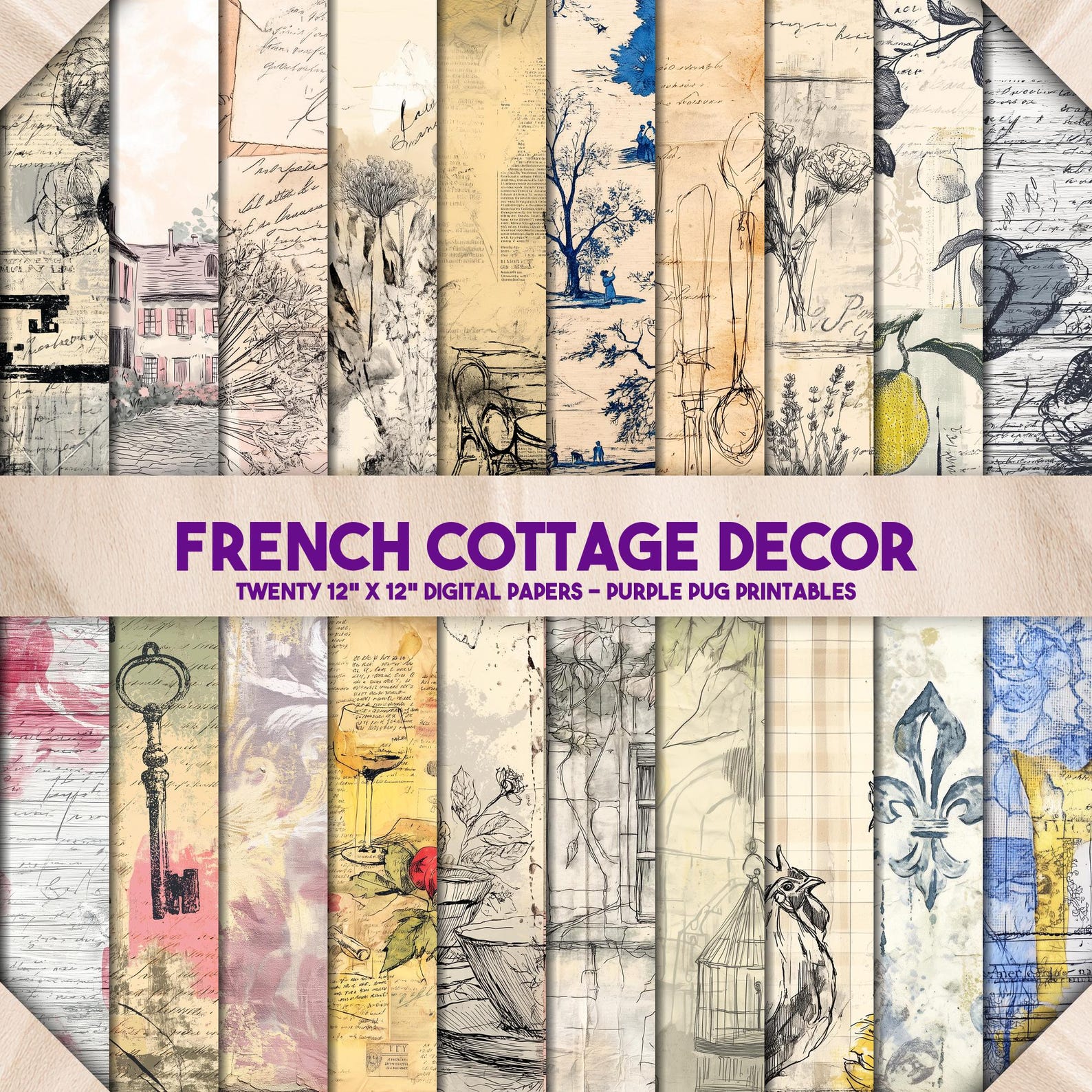 French Cottage Decor - Vintage French Cottage Digital Paper, Toile ...
