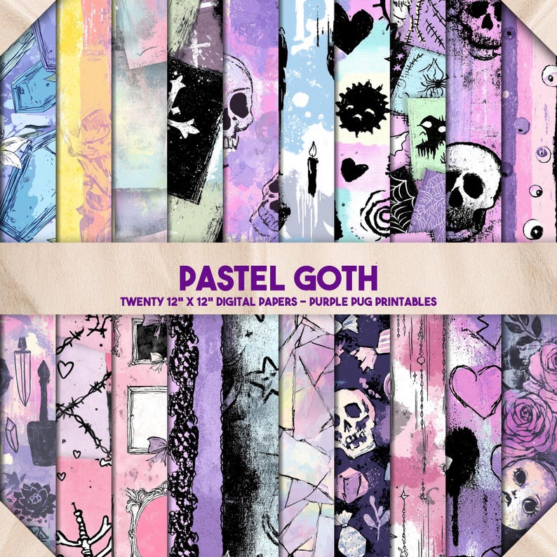 Pastel Goth - Seamless Digital Papers, Cute Skull Backgrounds, Kawaii ...