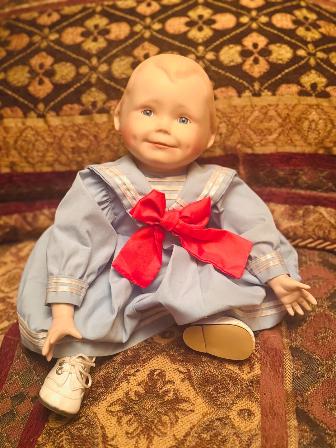 Vintage Ashton-drake Porcelain Baby Doll • Blue Sailor Outfit • Red Bow ...