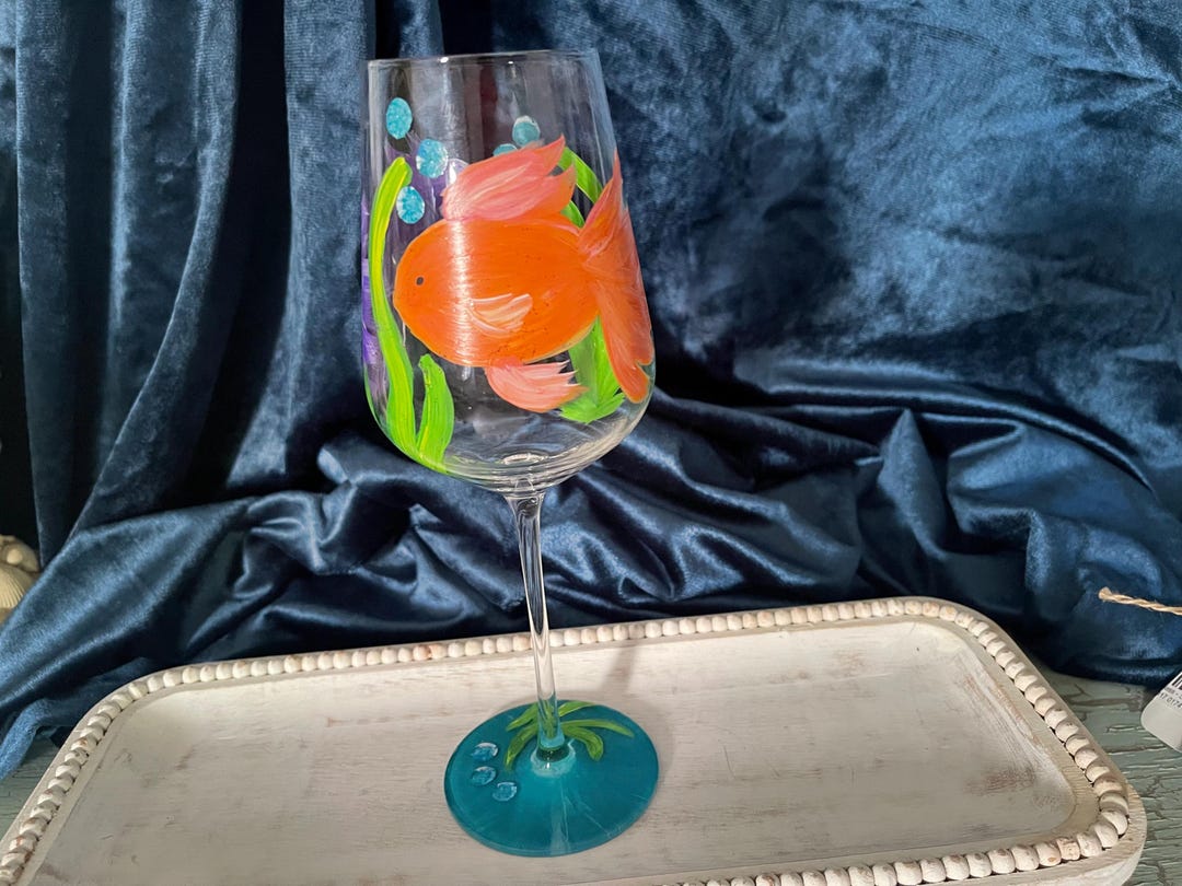 Hand Painted Coastal Wine Glasses, Fish Glasses, Painted Fish Glasses ...