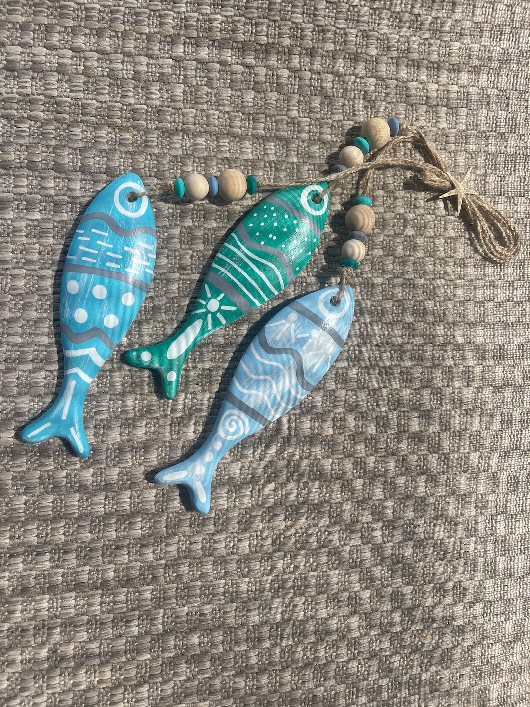 Triple Fish Decor Hanger Wall Hanging Coastal Decor Painted Fish Beach ...