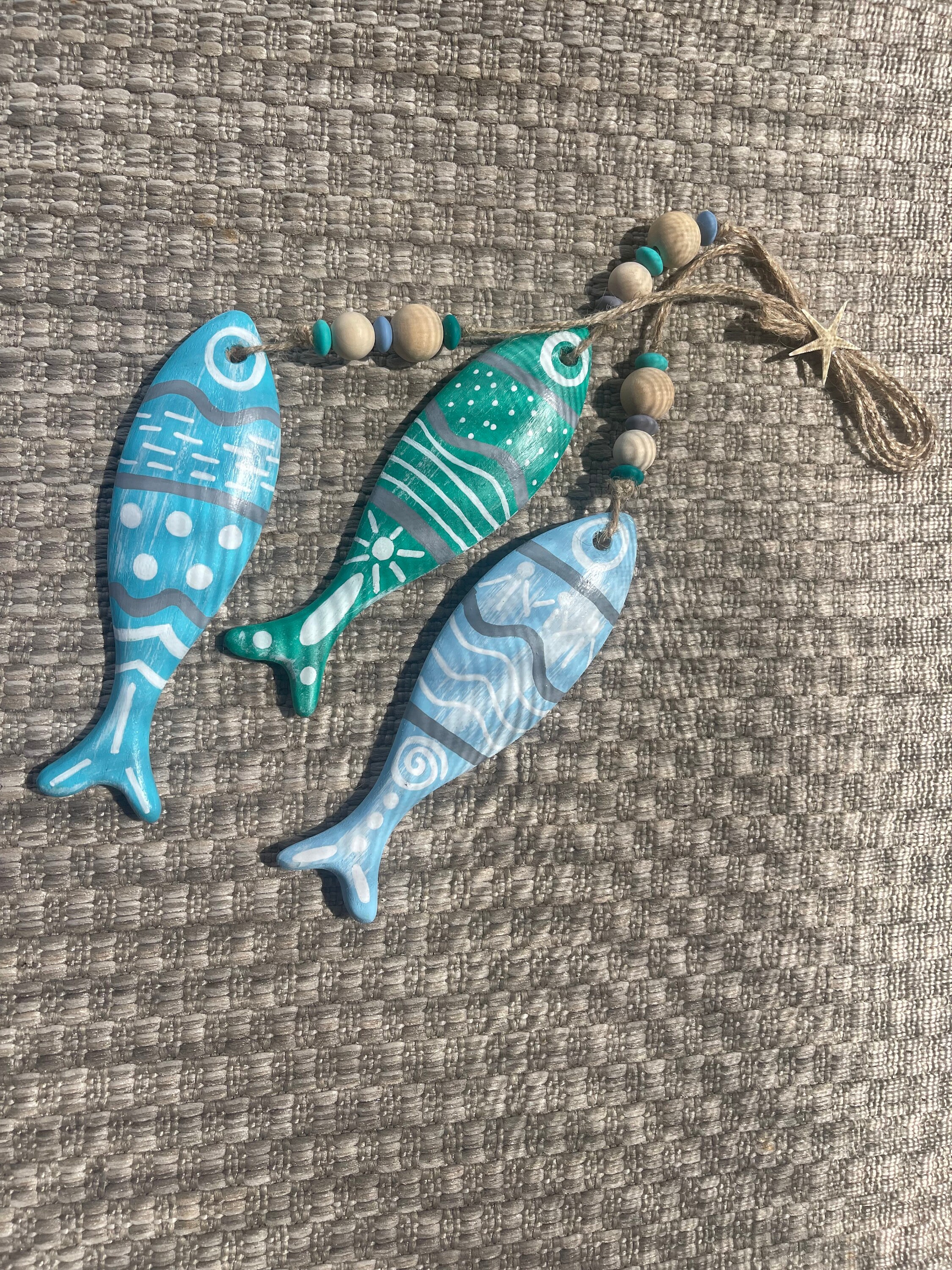 Triple Fish Decor Hanger Wall Hanging Coastal Decor Painted Fish Beach ...