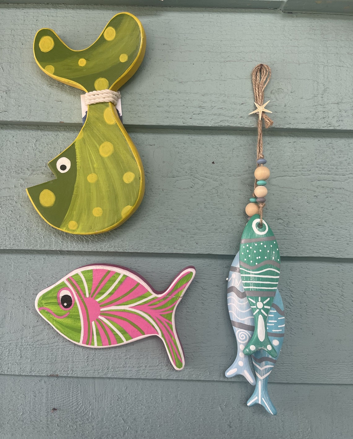 Triple Fish Decor Hanger Wall Hanging Coastal Decor Painted Fish Beach ...