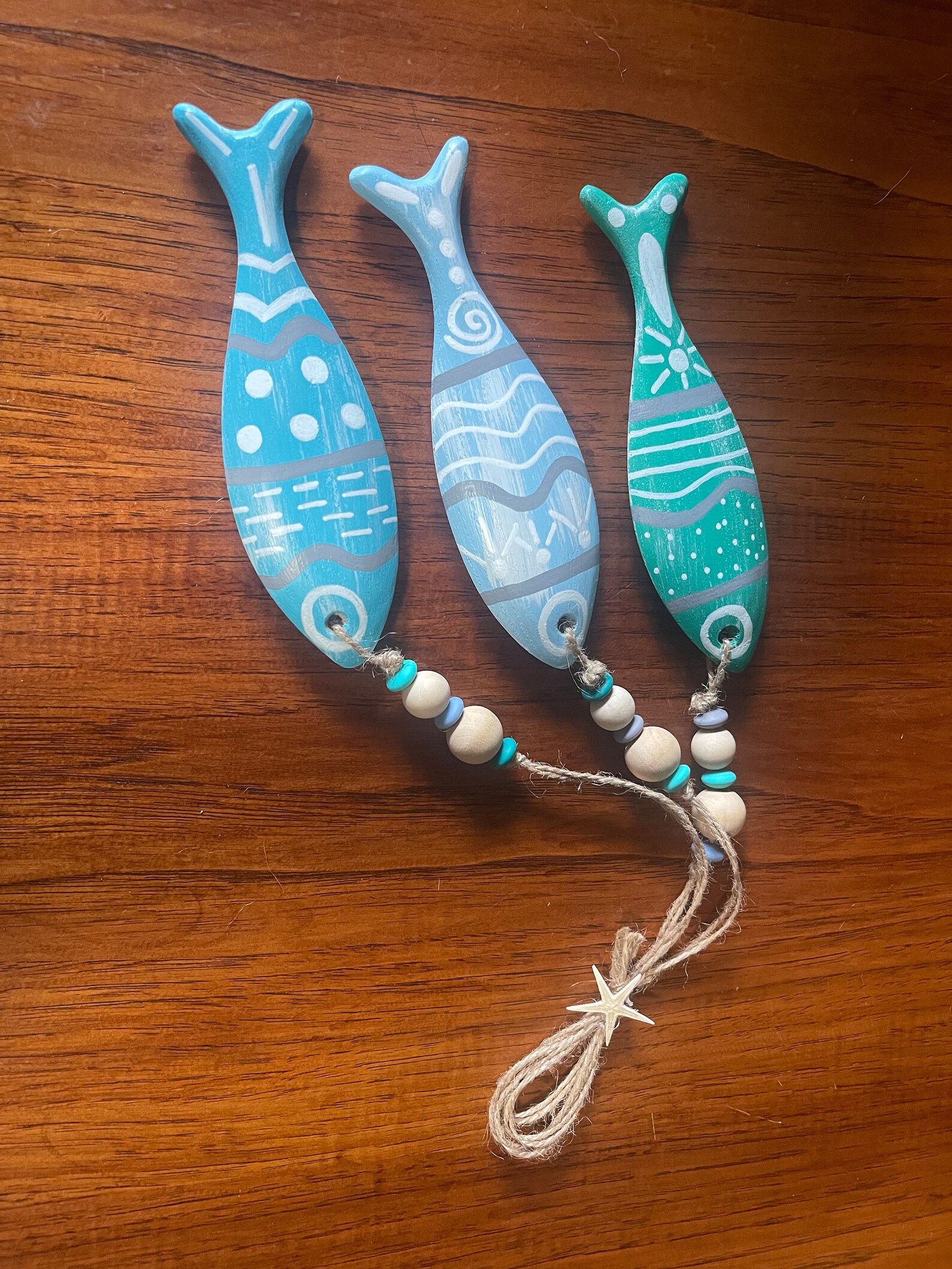 Triple Fish Decor Hanger Wall Hanging Coastal Decor Painted Fish Beach ...