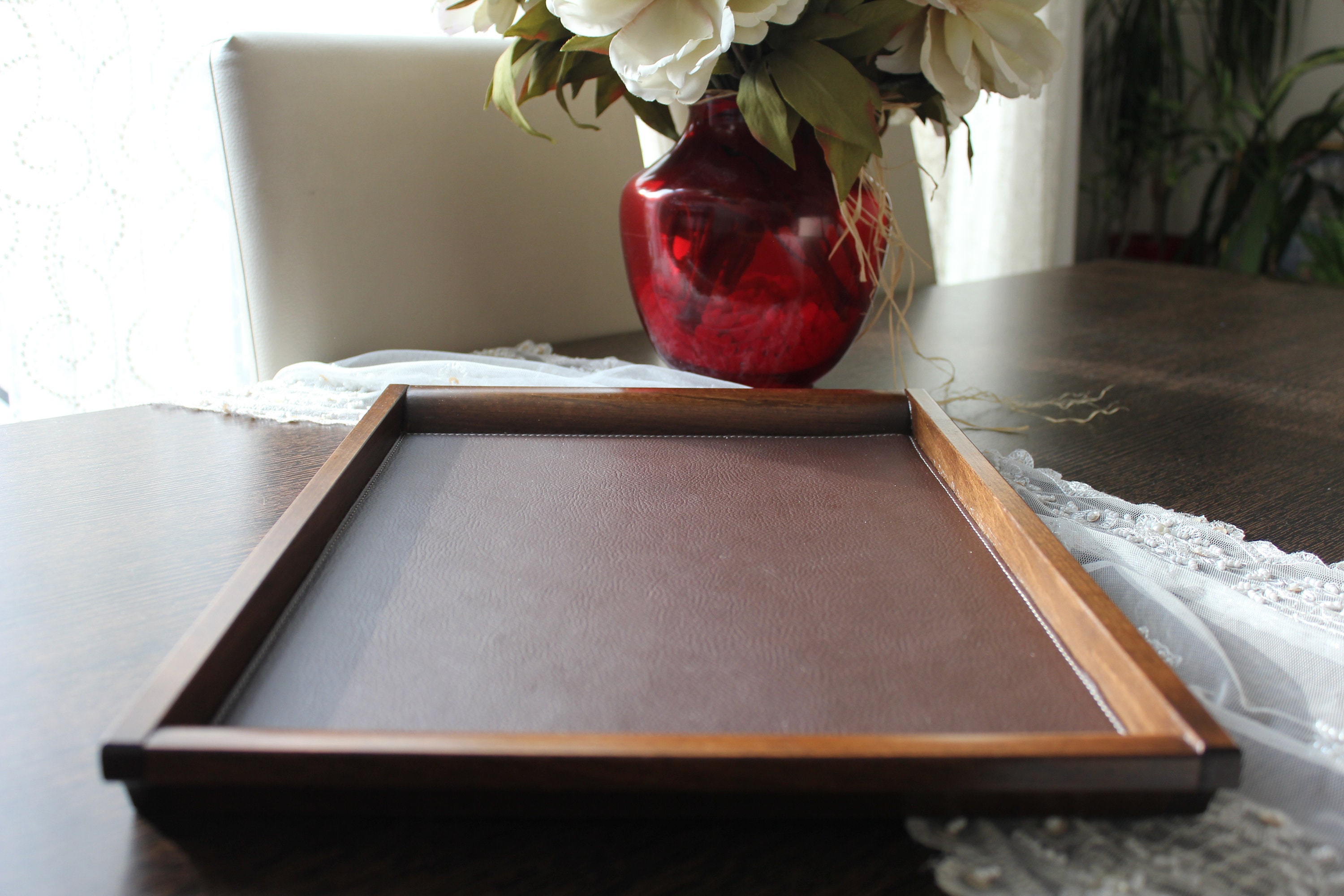 Stylish Stained Wood & Large Leather Tray Rectangle Serving Tray, Faux ...