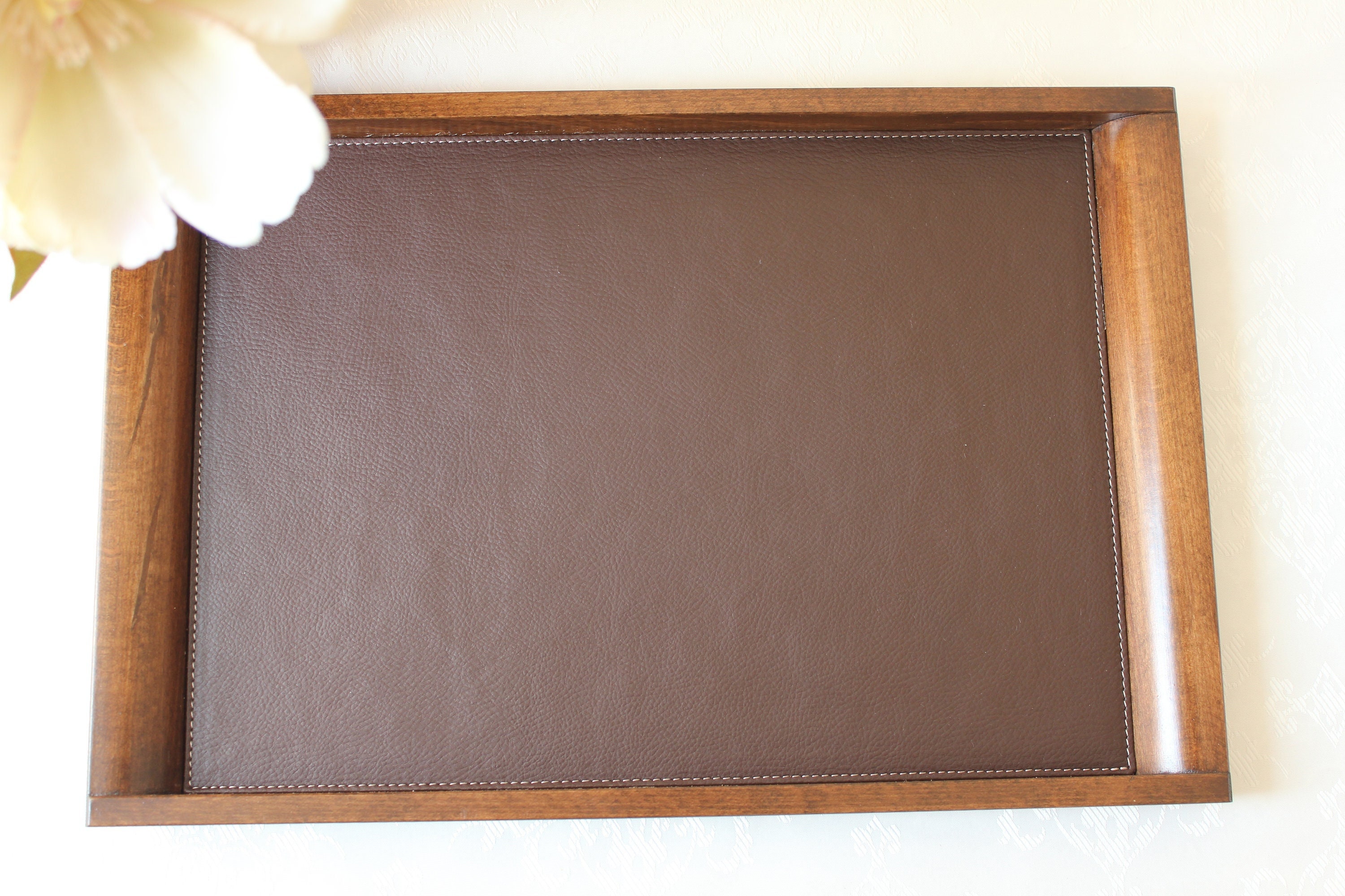 Stylish Stained Wood & Large Leather Tray Rectangle Serving Tray, Faux ...