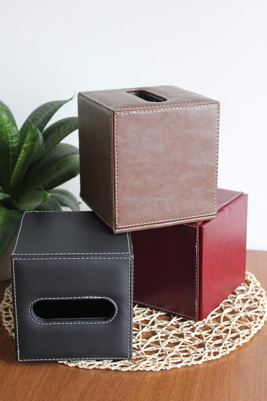 Black Cube Tissue Box W/ Excellent Stitching for Home, Elegant Faux ...