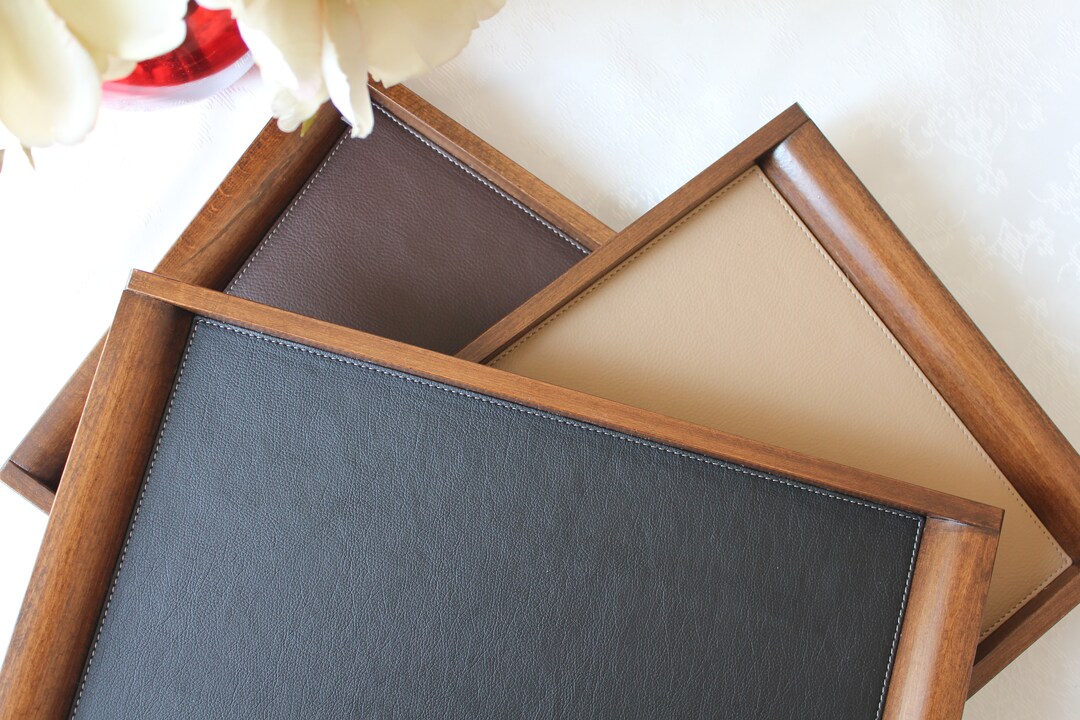 Stylish Stained Wood & Large Leather Tray Rectangle Serving Tray, Faux ...