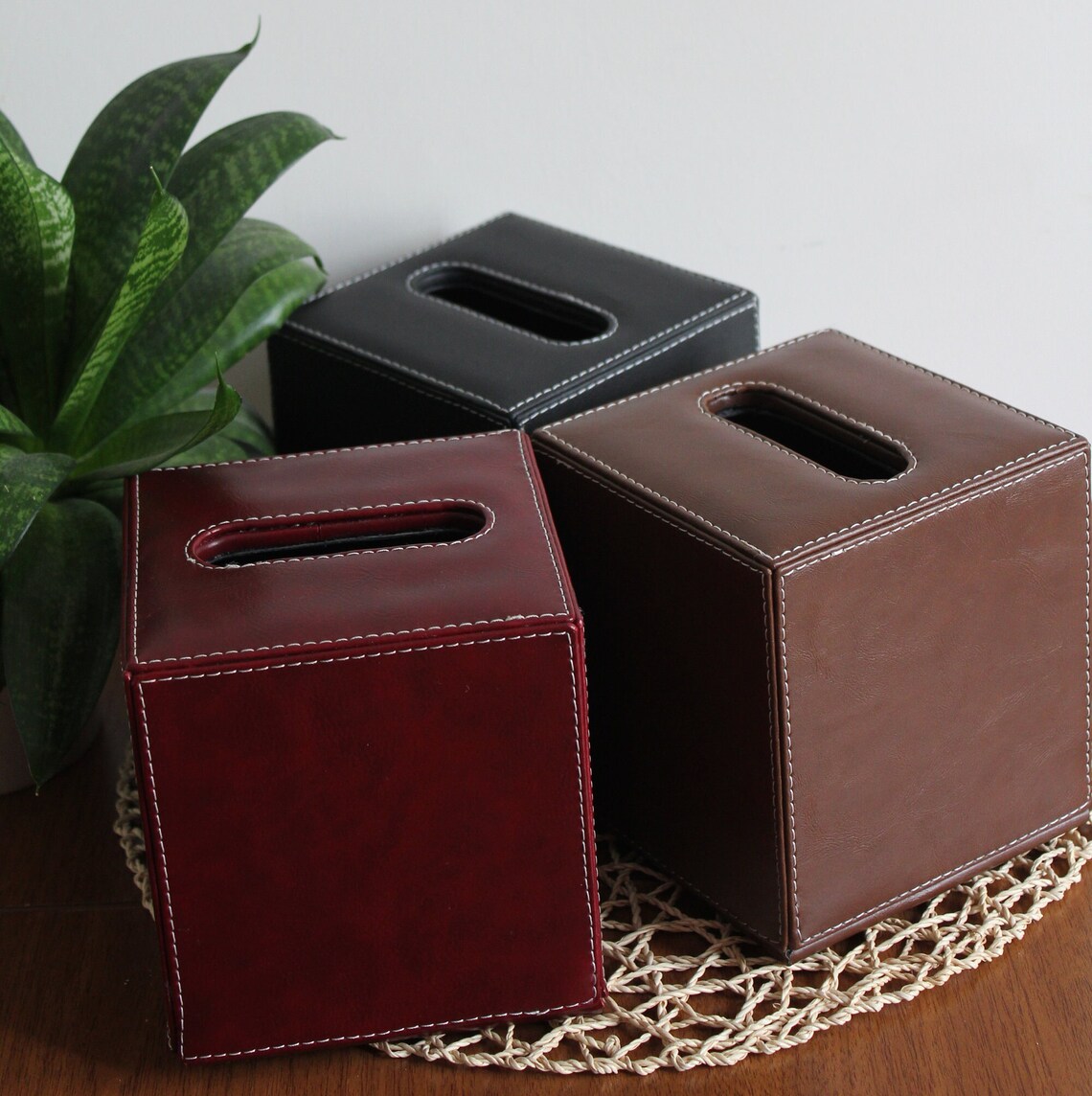 Black Cube Tissue Box W/ Excellent Stitching for Home, Elegant Faux ...