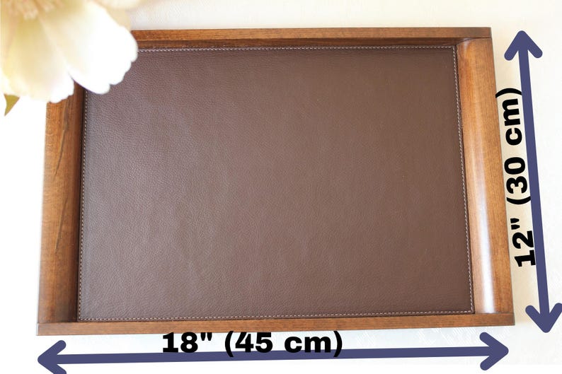 Stylish Stained Wood & Large Leather Tray - Rectangle Serving Tray, Faux Leather Ottoman Design ...