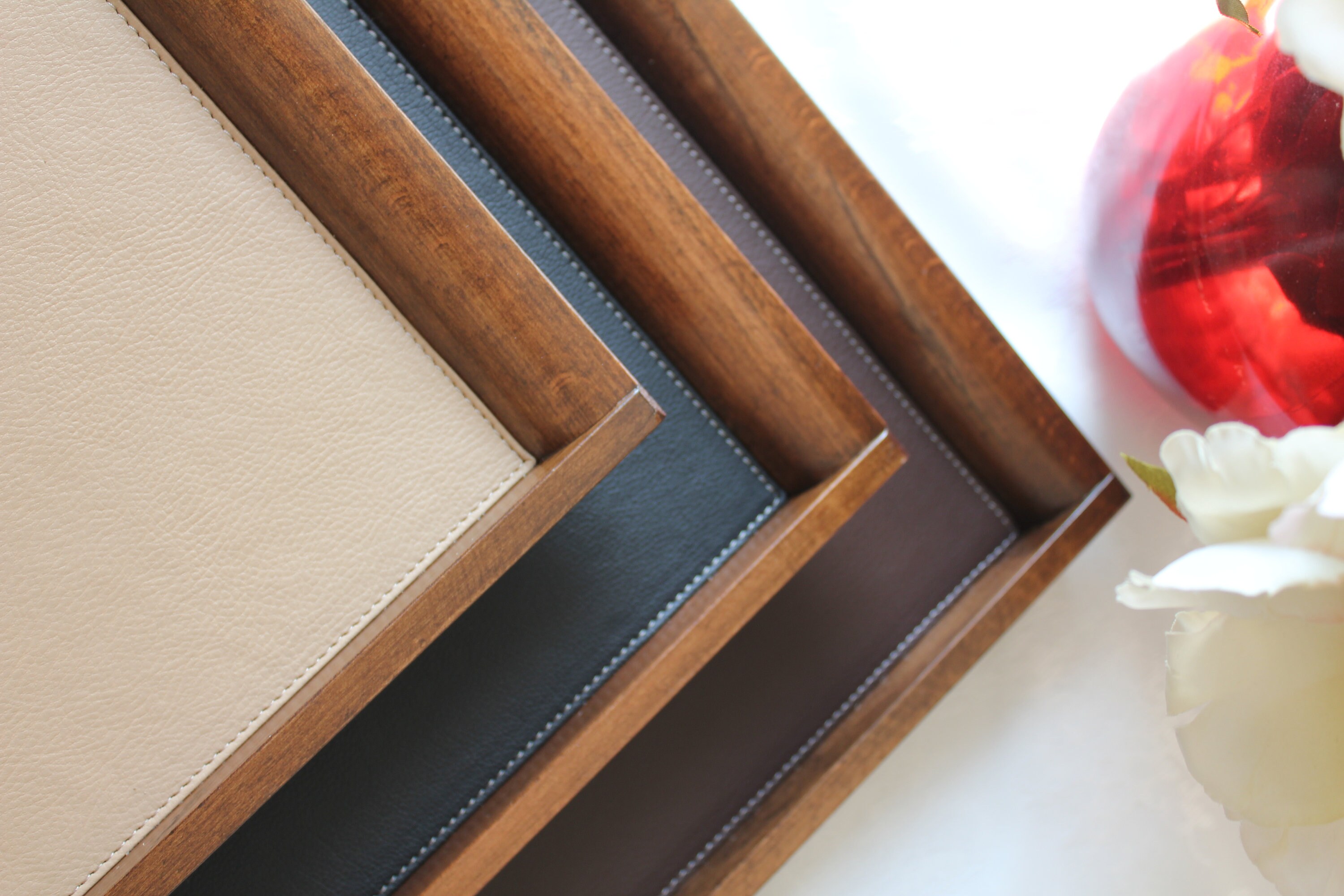 Stylish Stained Wood & Large Leather Tray Rectangle Serving Tray, Faux ...