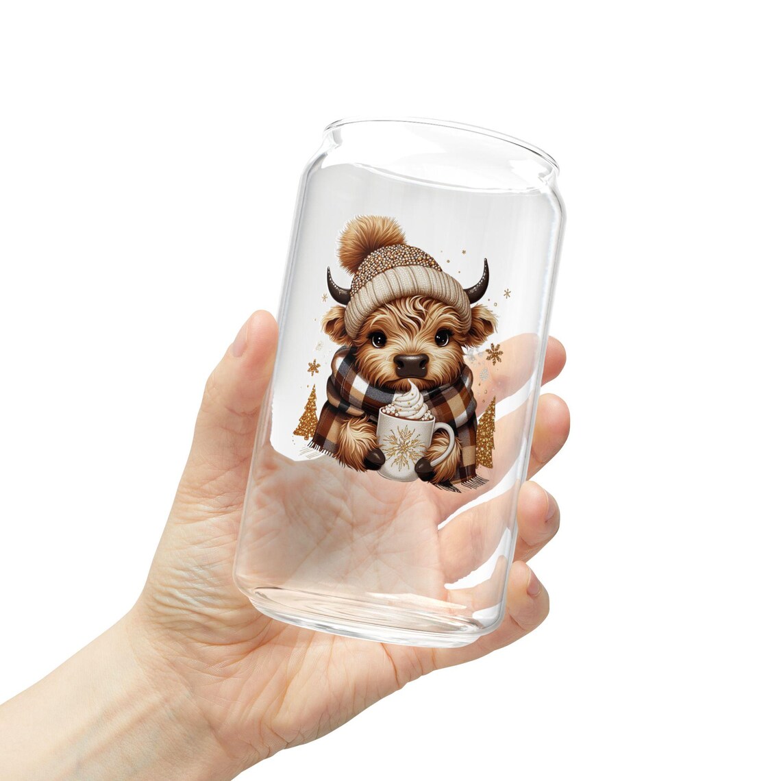 Christmas Highland Cow Glass Cup 16oz Can Glass With Bamboo Lid & Straw ...