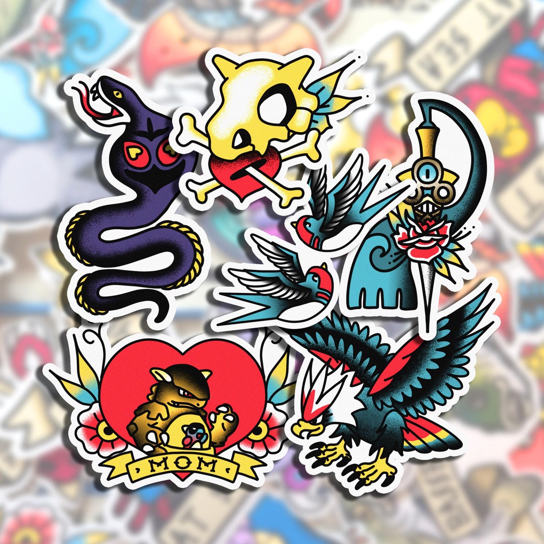 Pokémon Traditional Tattoo Style Vinyl Decal Stickers - 6 Stickers ...