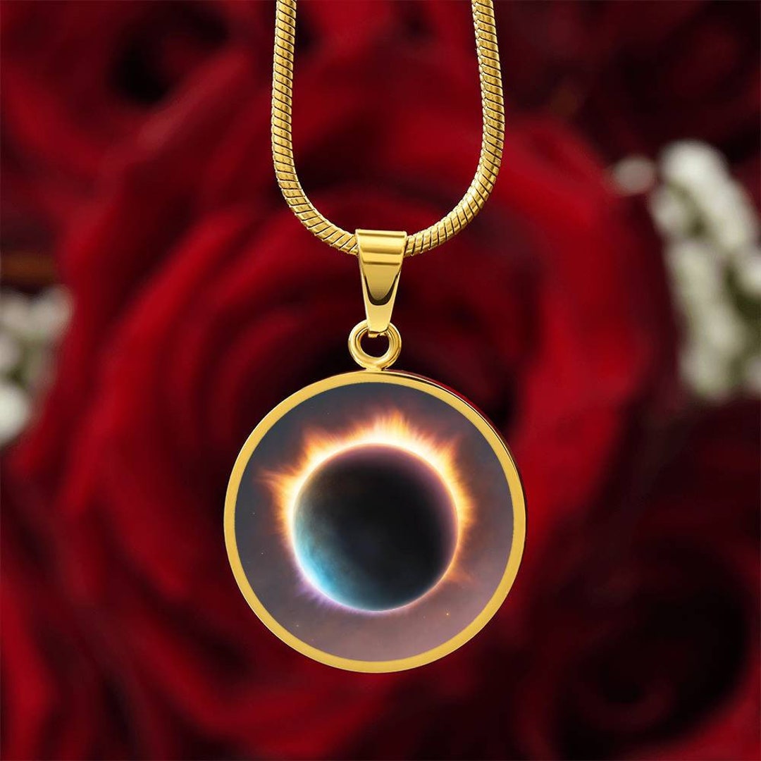 Engraved Solar Eclipse Circle Pendant Necklace, Personalized 18k Gold ...