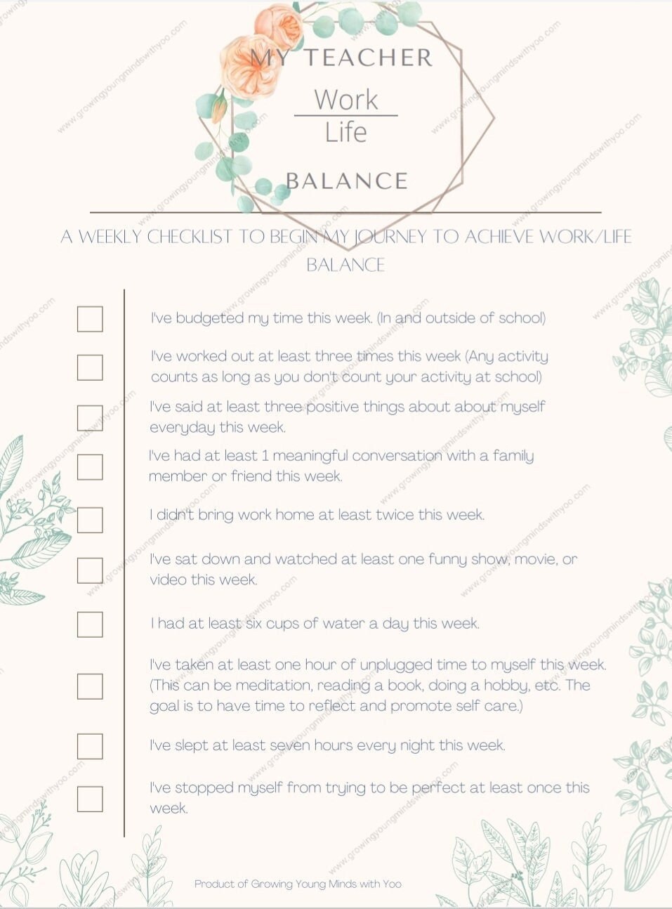 Weekly Work-life Balance Checklist for Teachers - Etsy