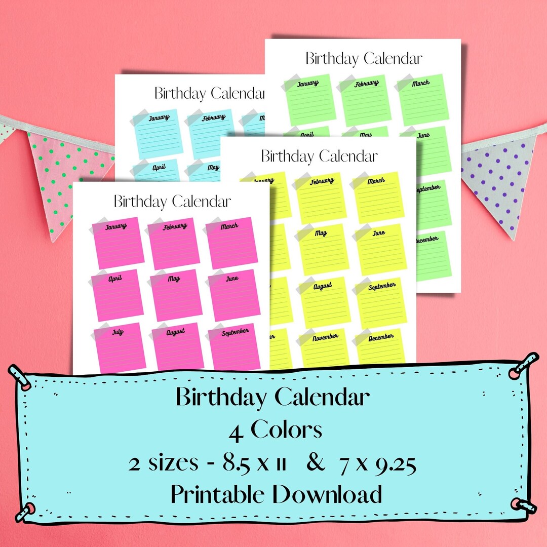 Birthday Calendar, Year at a Glace, Printable Birthday Tracker, Happy ...