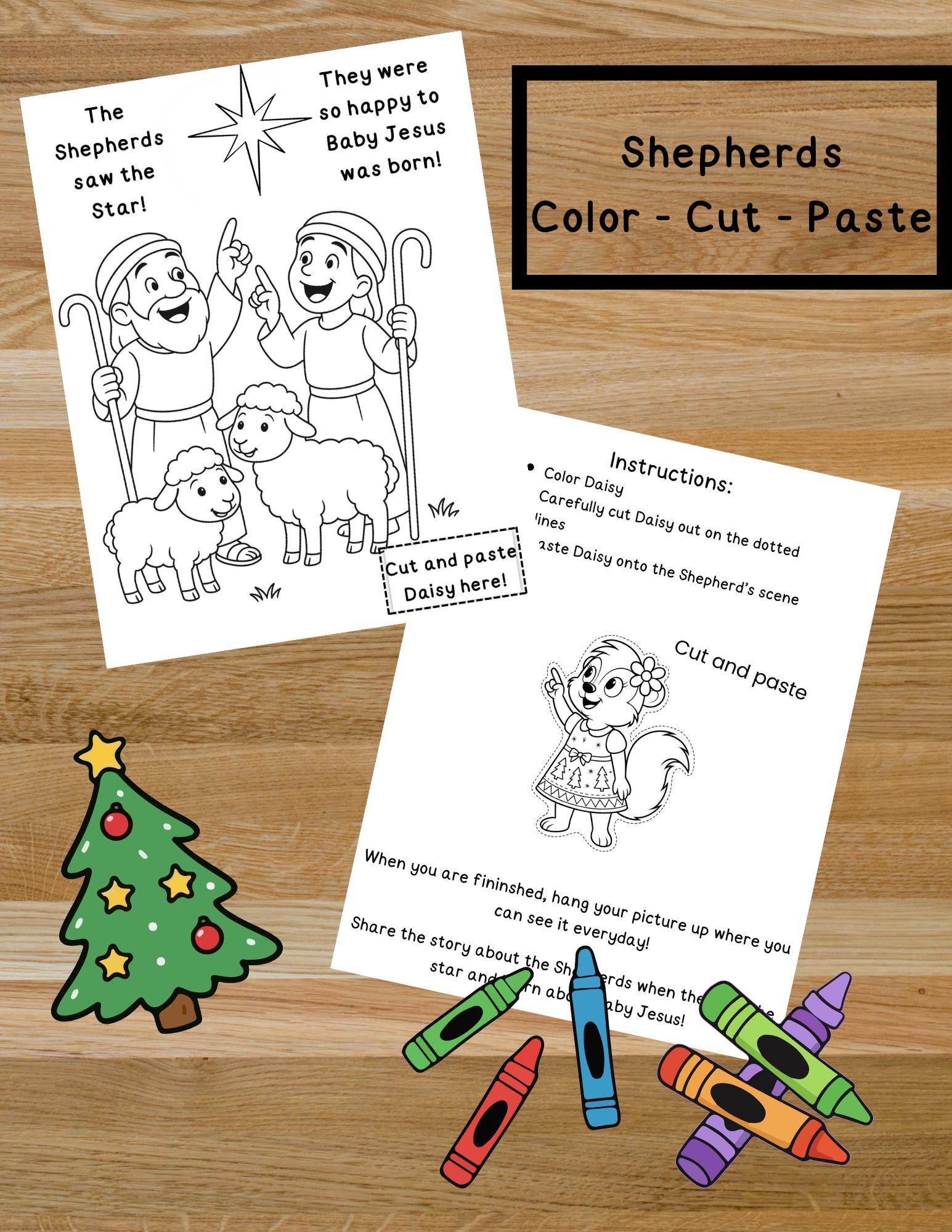 Nativity Shepherds Color Page, Color Cut Paste Activity, Daisy the ...