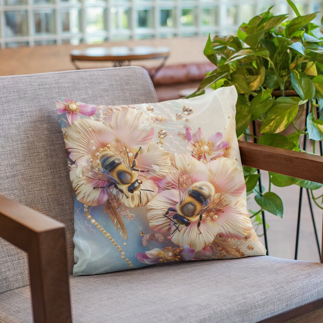 Honey Bee Pillow, Pastel Suede Square Pillow, Queen Bee Floral Cushion ...