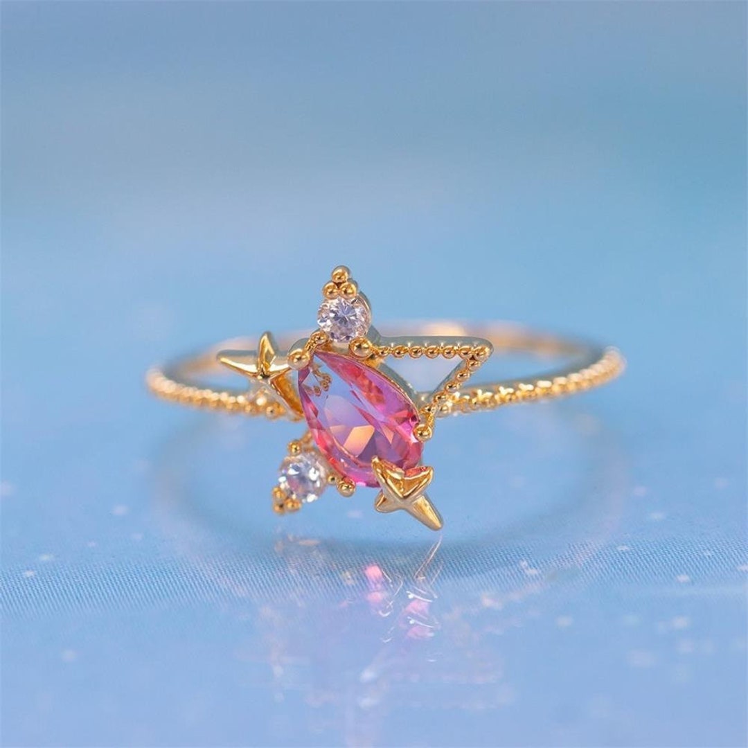 PINK CRYSTAL CELESTIAL Moon Star Dainty Minimalist Aesthetic Gold Ring ...