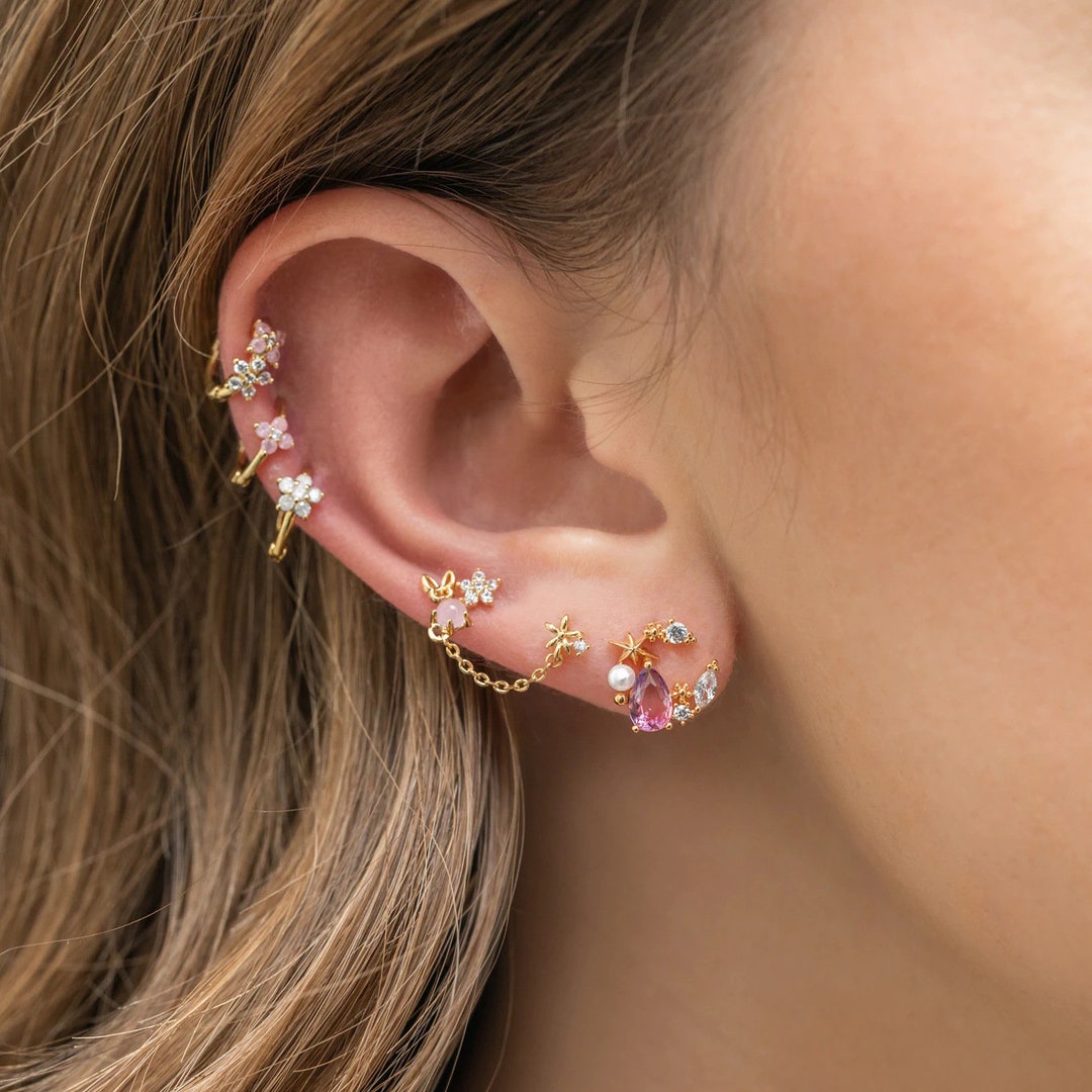 MULTIPLE CELESTIAL PIERCING Earrings Set Pink Moon and Star Tassel ...