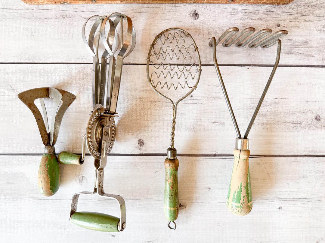 Primitive Assorted Green Handle Kitchen Utensil Collection, Vintage ...