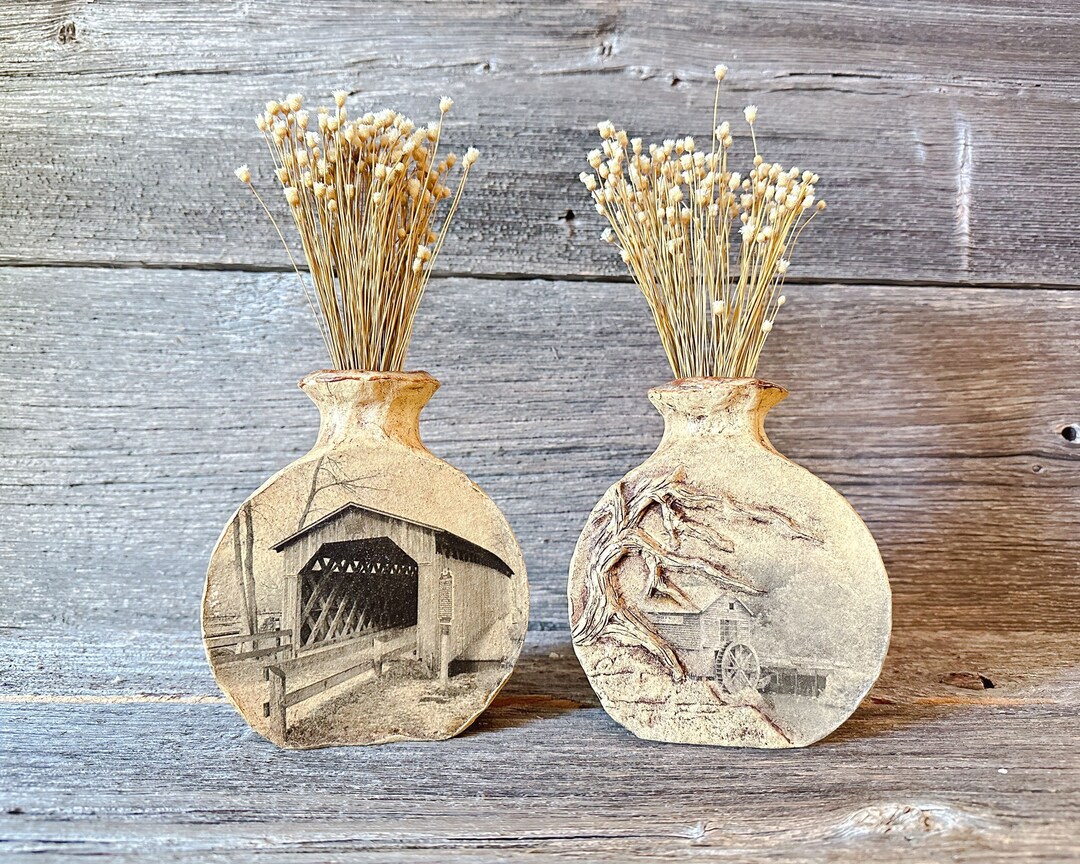 Vintage Artisan Handcrafted Pottery Vase, Covered Bridge Photography ...
