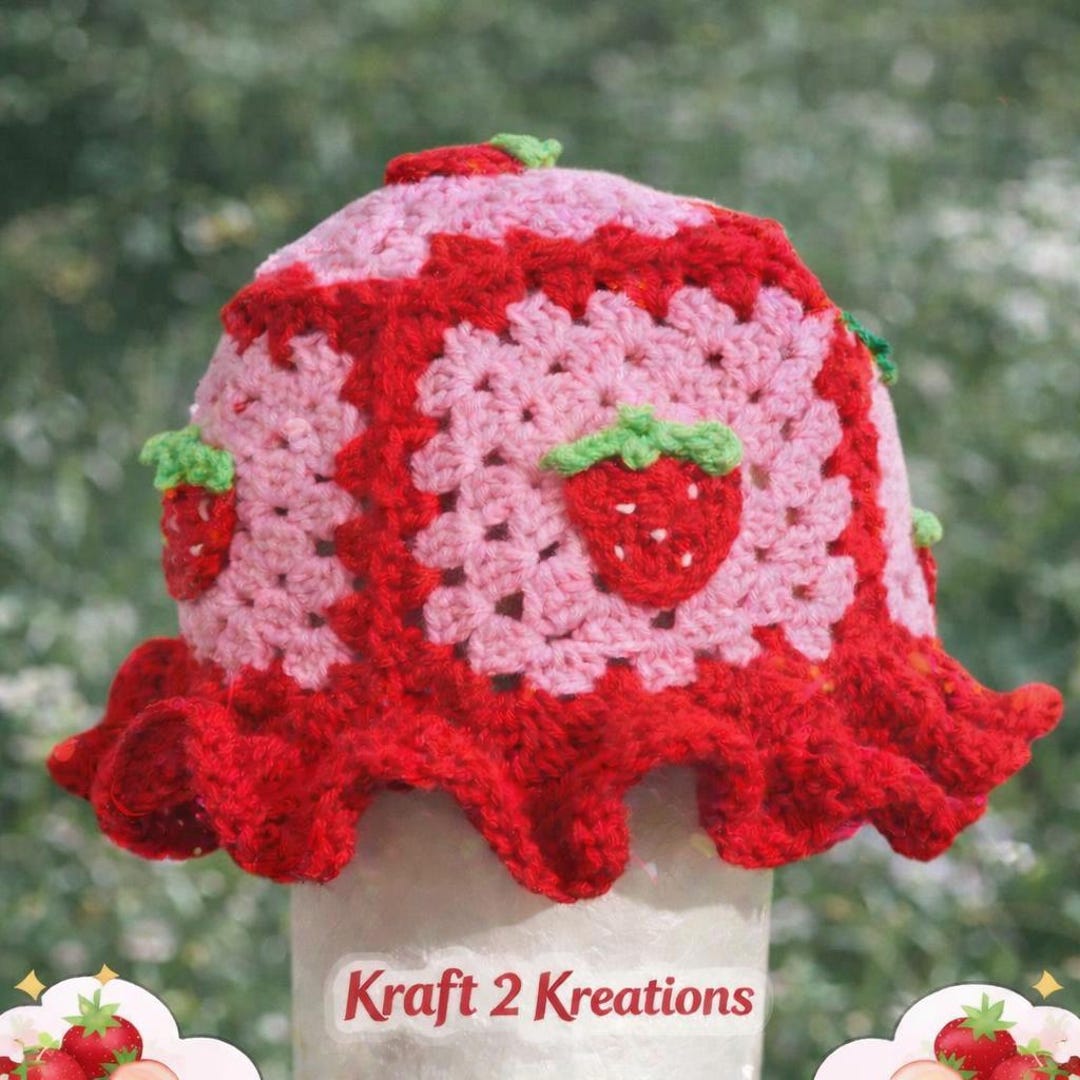Handmade Crochet Strawberry Ruffle Bucket Hat | Cottagecore Beanie - Etsy
